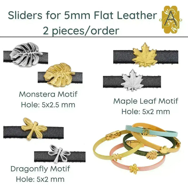 Sliders for 5mm Flat Leather or Cords, (2 Pieces) 3 Styles, 2 Finishes ...